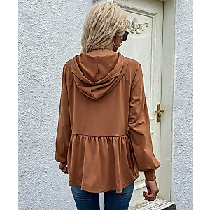 YOXUA Womens Casual Hoodies Peplum Tops, Long Sleeve Lightweight Drawstring Sweatshirt Jacket Pullover Shirts Blouse Coffee