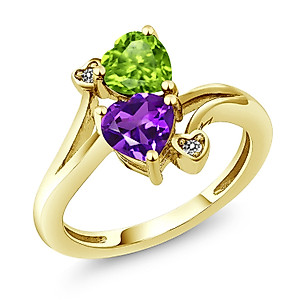 Gem Stone King 10K Yellow Gold Heart Shape Purple Amethyst Green Peridot and Diamond Accent Ring For Women | 1.51 Cttw | Heart 6MM | Gemstone Birthstone | Available In Size 5, 6, 7, 8, 9