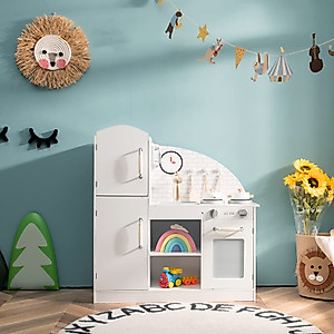 Costzon Kitchen Playset for Kids, Wooden Pretend Cooking Kitchen w/Utensils, Oven, Cabinets, Faucet, Sink & Telephone, Toddlers Play Kitchen Set with Accessories Gift for Age 3+ (White)