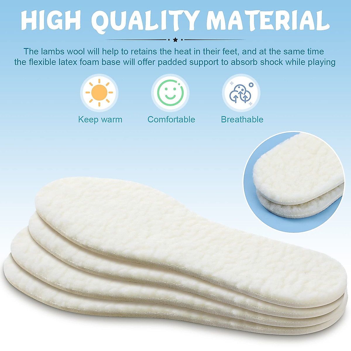 2 Pair Winter Shoe Insoles for Kids Wool Fleece Insoles Sheep Wool Shoe Insert Fluffy Wool Flat Brioche for Sneakers and Boots, Warm and Soft, Beige