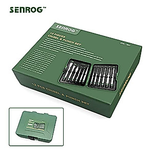 SENROG 12 Pieces Punch and Chisel Set, Alloy Steel 60Cr-v Made Punch Set, Mirror Surface and Chroming Gunsmith Punch Set, Including Flat Chisels, Taper Punch, Pin Punch Set, Center Punch, Cape Punch