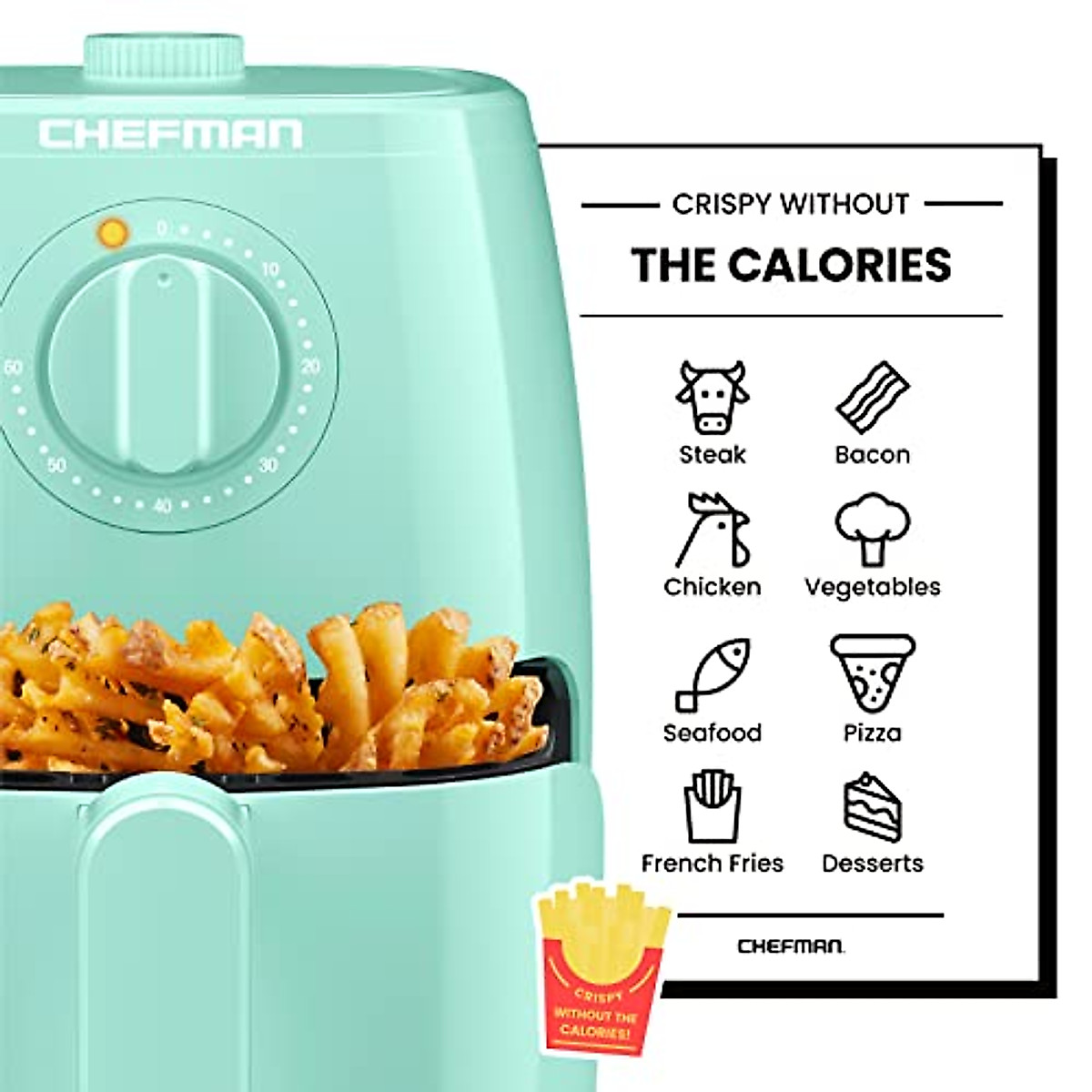 Chefman TurboFry 2-Quart Air Fryer, Dishwasher Safe Basket & Tray, Use Little to No Oil For Healthy Food, 60 Minute Timer, Fry Healthier Meals Fast, Heat And Power Indicator Light, Temp Control, Mint