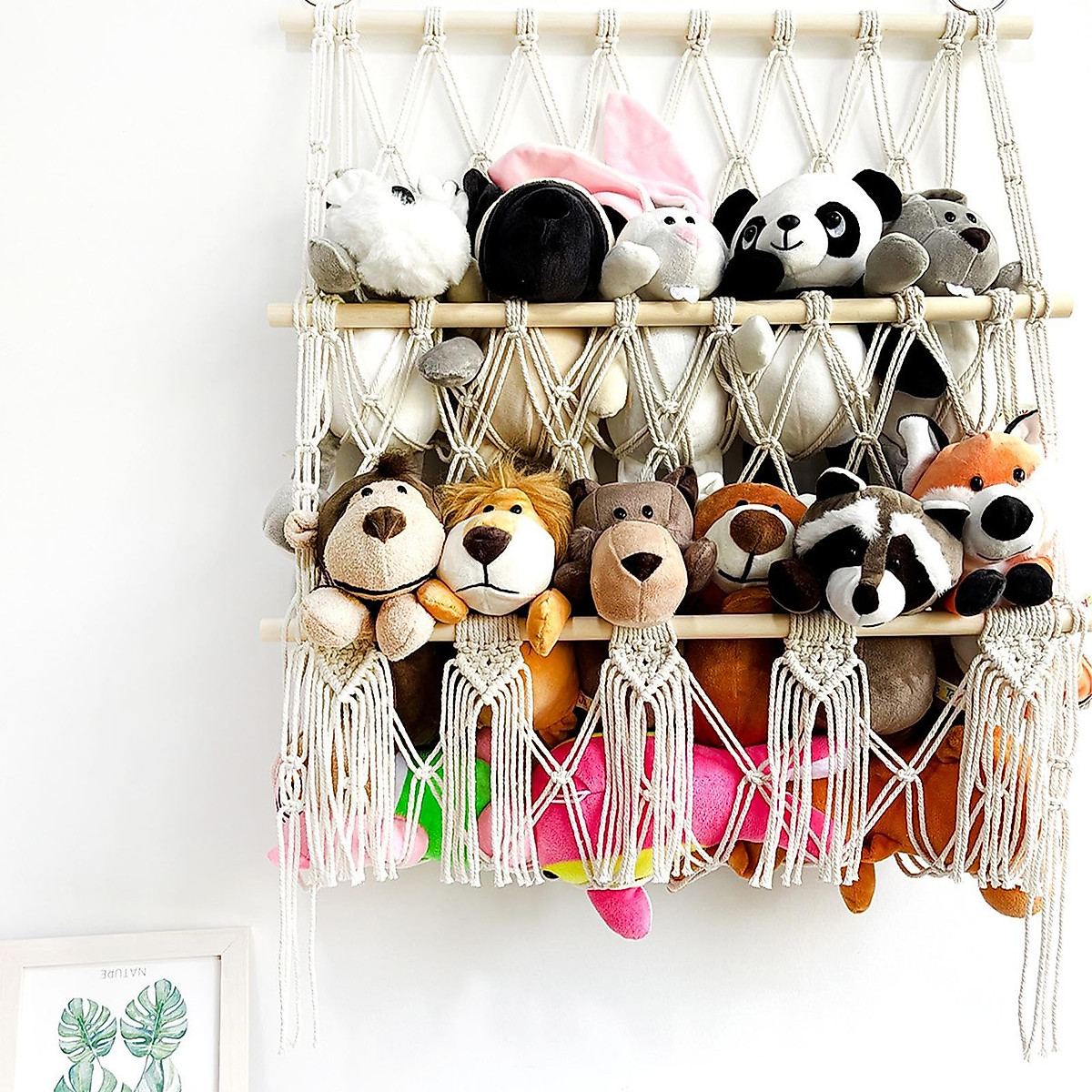 Sinolmaibe Stuffed Animal Hammock, Double Layer Woven Toy Net With Tassels, Net Bag Storage Rack Bookshelf Hammocks Home Decor Book Shelves, Stuffed Animal Toy Storage Holder