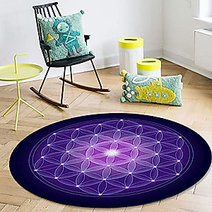 AmbeHome Round Area Rugs Baby Cushion 6 ft, Modern Carpet Floor Cover Nursey Rugs for Kids Play Room/Living Room, Flower of Life with Stars Sacred Geometry Ancient Print, Sturdy Soft Kitchen Mat Rugs