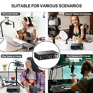 USB Audio Interface for PC, 2i2 Computer Audio Interface for Recording Music, Portable Interfaz de Audio Mixer for Studio Beginner Podcaster Guitarist (Audio Interface-Black)