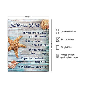 Nautical Rustic Bathroom Decor - LARGE 11x14 - Coastal Beach House Bathroom Rules Wall Art - Starfish, Seashells Restroom Sign, Bath Art - Ocean, Sea House Powder Room Art - Shabby Chic Gift