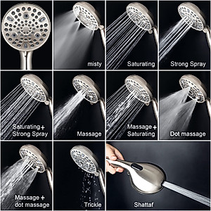 High Pressure Handheld Shower Head, 10-Setting Showerhead, 4.7”Detachable Showerhead Set with 5ft Hose, Adjustable Bracket and Built-in Power Wash to Clean Tub, Tile & Pets - Brush Nickel