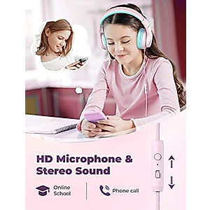 iClever HS19 Kids Headphones with Microphone for School, Volume Limiter 85/94dB, Over-Ear Girls Boys Headphones for Kids with Shareport, Foldable Wired Headphones for iPad/Travel (Pink)