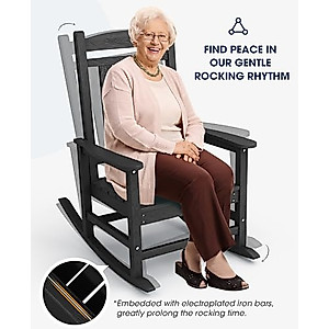 KINGYES Outdoor Rocking Chairs, HDPE All-Weather Patio Rocking Chairs High Back Porch Rocker for Adult, Black