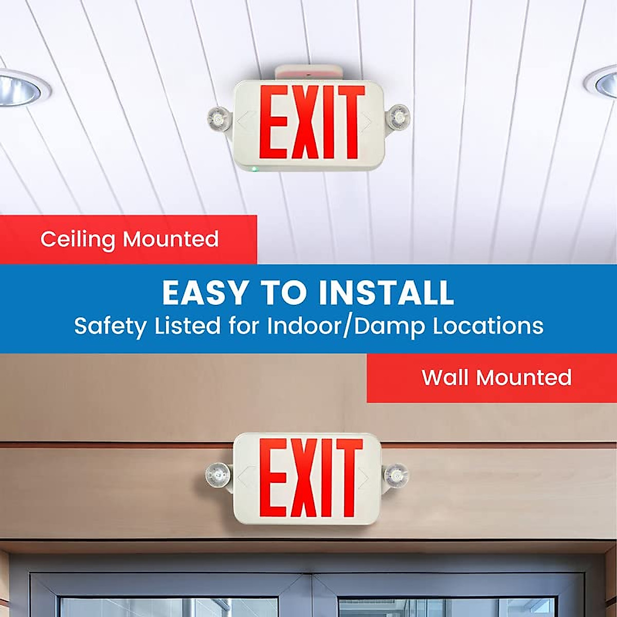 Ciata Lighting Emergency Exit Lights with Battery Backup - High Visibility Fire Exit Signs - Universal Emergency Lights for Business or Residential - Rechargeable Exit Sign Battery Included