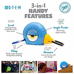 Handy Famm 8Ft Animal-Shaped Kids Tape Measure, Level & Protractor Angle Finder, Fun Educational Children's Tape Measure, Small Measuring Tape for Learning Early Math Skills, Ages 5+, Blue Bird