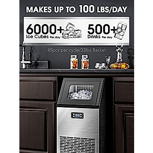 Joy Pebble Commercial Ice Maker Machine,100 lbs/day,33 lbs Basket,2-Way Add Water, Commercial Ice Machine with 7-Gear Ice Thickness,24 Hour Timer,Self Cleaning Ice Maker for Bar,Restaurant,Home,Office