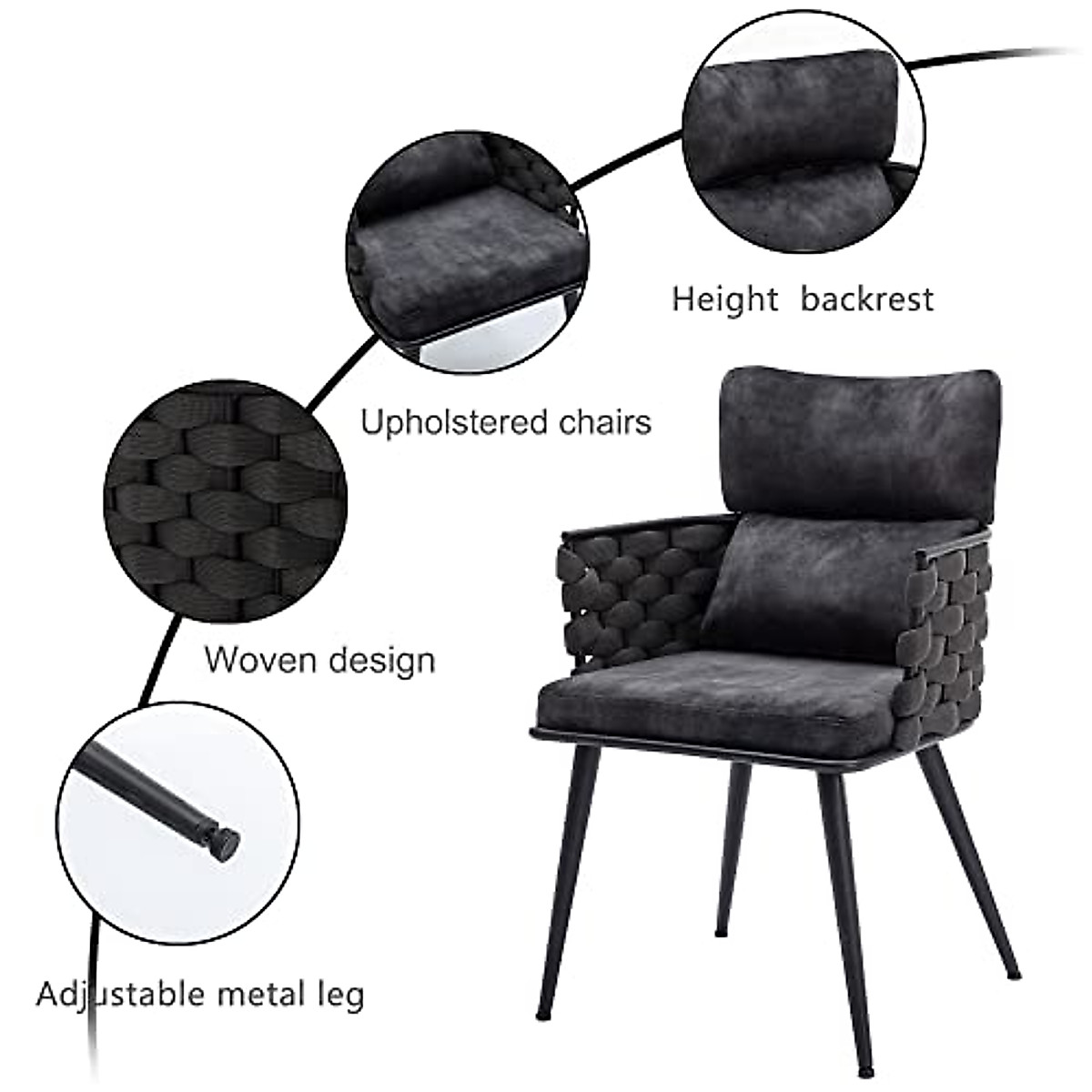 BFZ Mid-Century Modern Dining Chairs Set of 4, Handmade Woven Kitchen Chairs, Upholstered Velvet Dining Chairs with Metal Legs for Kitchen, Dining Room, Living Room