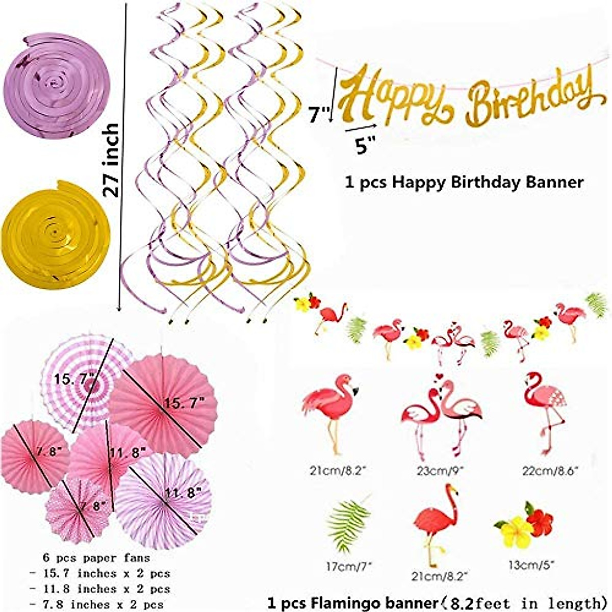 Flamingo party Honeycomb decoration, whirlpool decoration, Hanging Pink Paper Fans decoration set of 6,Glittering Birthday Banners Decorate The Hawaii Beach Party Birthday Baby Shower Decorations