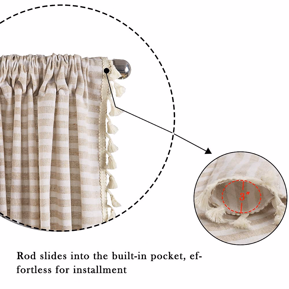 ColorBird Striped Semi-Blackout Window Curtains 2 Panels Farmhouse Style Cotton Linen Darkening Curtains with Tassel Rod Pocket Window Drapes for Dining Living Bedroom (52" W x 84" L, 1 Pair, Beige)