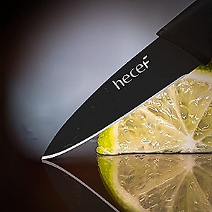 hecef Black Oxide Knife Set of 6 with Matching Blade Protective Sheath, Black Kitchen Knife Set, Scratch Resistant & Rust Proof, Hard Stainless Steel, Non Stick Black Color Coating Blade Knives