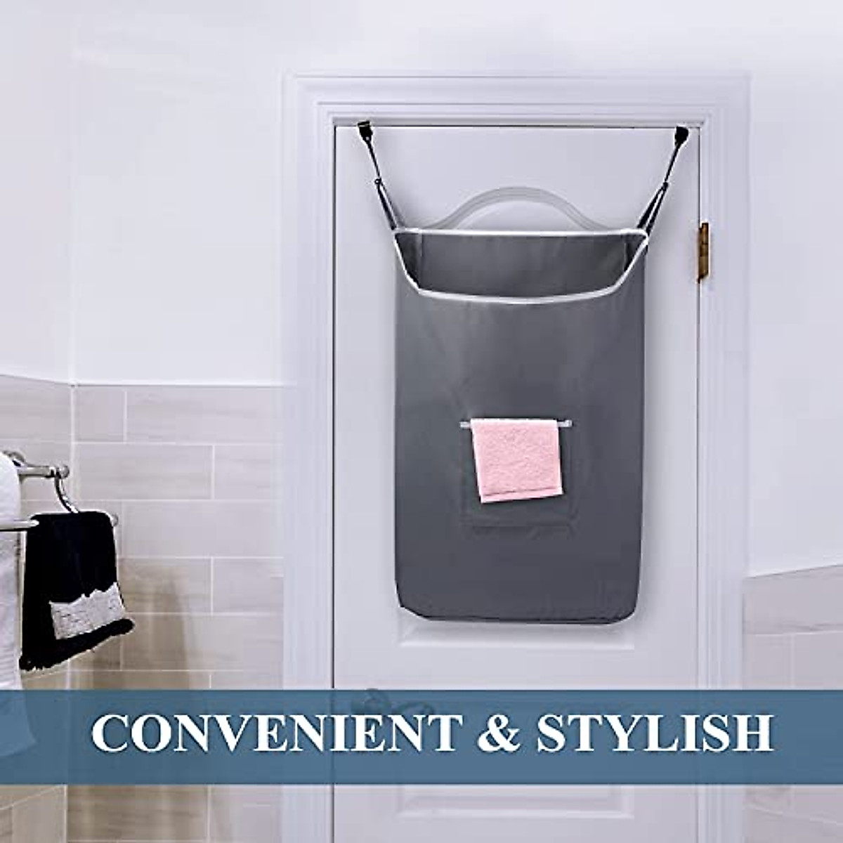 The Fine Living Co. X-Large Hanging Laundry Hamper with Over Door Hooks & Adhesive, Durable Space Saving Laundry Bag with Zipper and Wide Open Top, Hanging Dorm Laundry Hamper 20"x3.38"x30" (Grey-XL)