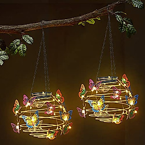 2 Pack Butterfly Solar Lights Outdoor Hanging Solar Lantern with Handle, Solar Powered Butterflies Garden Decor for Outside Patio Yard Porch Pathway Butterfly Gifts for Women (Warm White LED Lights)