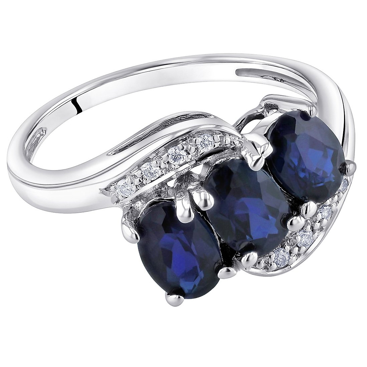 PEORA Created Blue Sapphire and Genuine Diamond Three Stone Anniversary Ring for Women 14K White Gold, 1.50 Carats total Oval Shape, Size 6