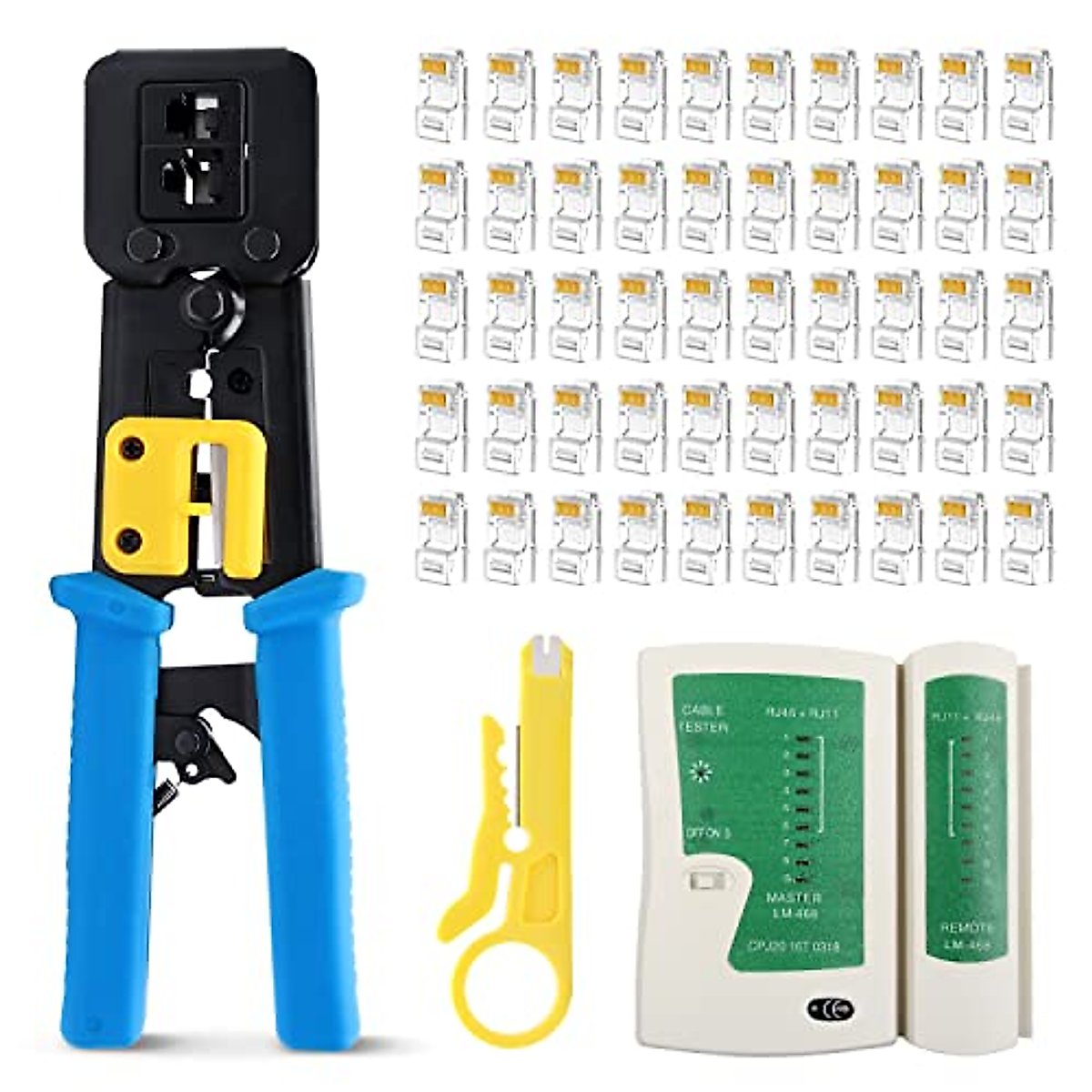 Delgada RJ45 Pass Through Crimp Tool Kit - Ethernet Crimping Tool with 50 Cat5/Cat5e/Cat6 Connectors, Network Cable Tester, and Wire Stripper for RJ45/RJ12 Regular
