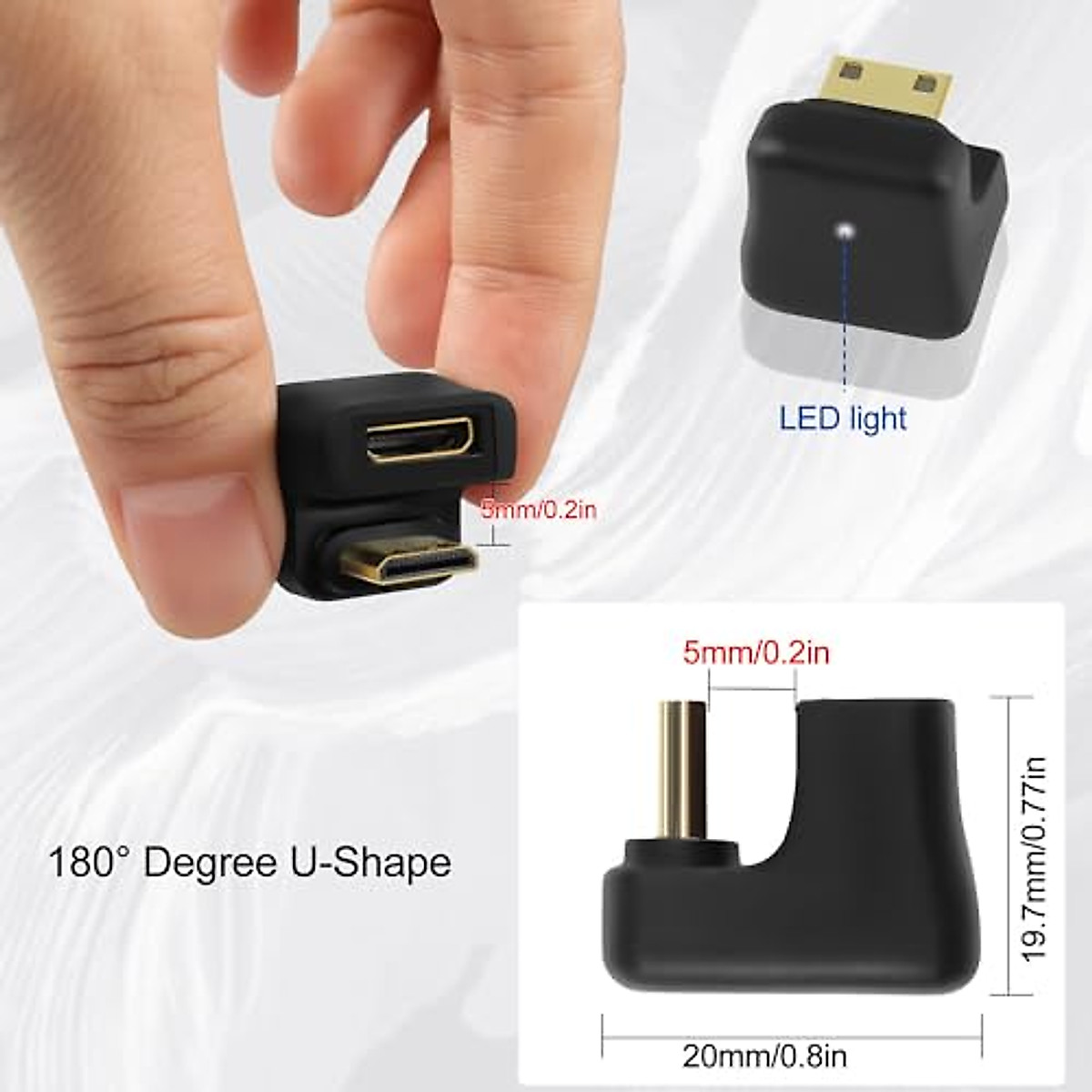 QIANRENON 8K Mini HDMI U Shape Angle Adapter UHD2.1 Mini HDMI Male to Mini HDMI Female 180 Degree Down HD Display Connector, LED Light, for DSLR Portable Camcorder Tablet PC, (Positive)