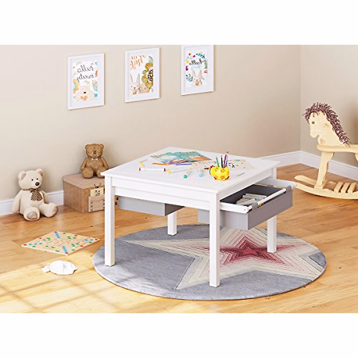UTEX 2 in 1 Kids Construction Play Table with Storage Drawers and Built in Plate (White)