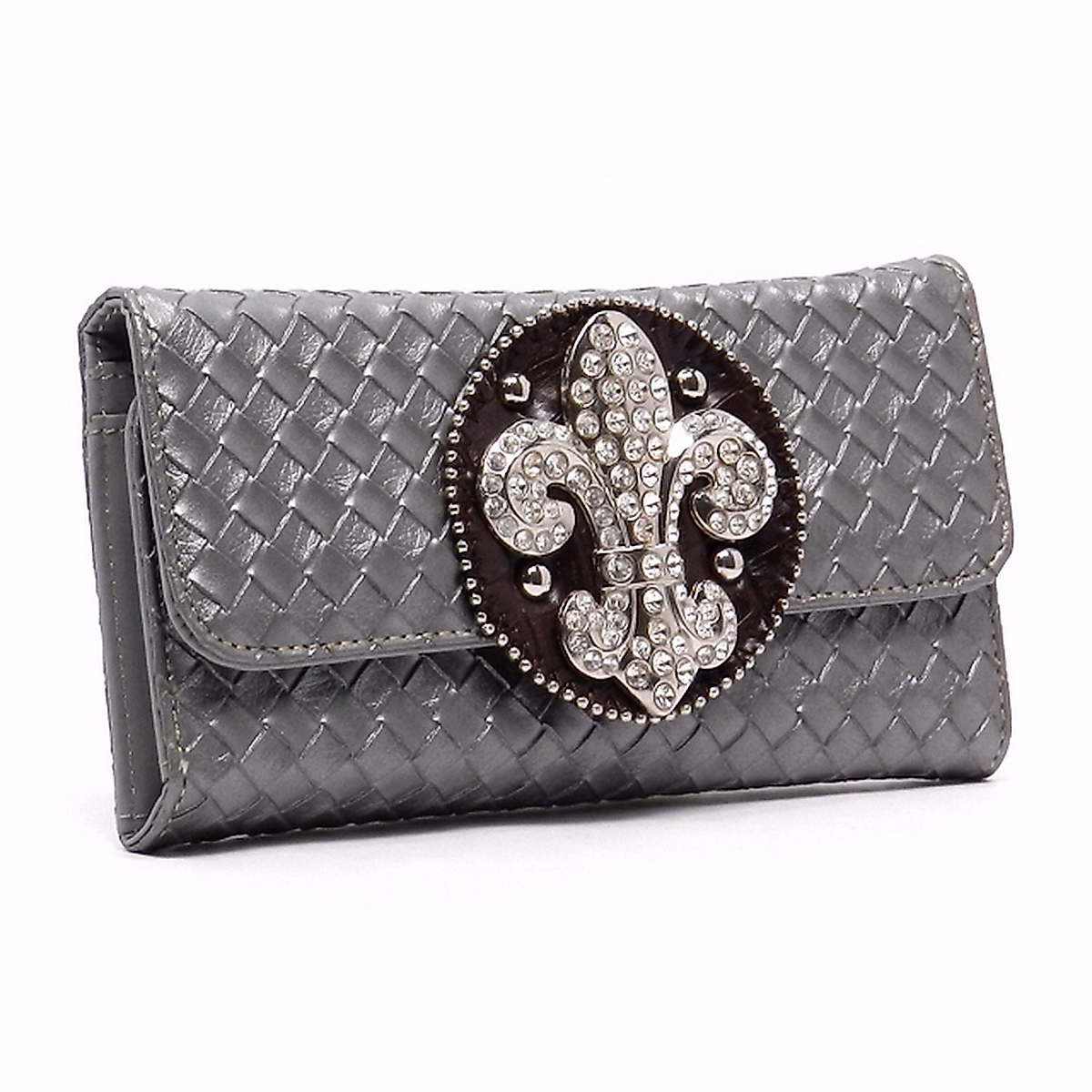 Western Woven Rhinestone Bling Fleur De Lis Wallet - Pewter