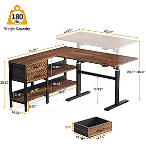Tribesigns L Shaped Standing Desk with Storage Drawers, Height Adjustable Electric Standing Desk with Shelves & Hooks, Ergonomic Sit Stand Up Computer Desk Workstation for Home Office,Brown