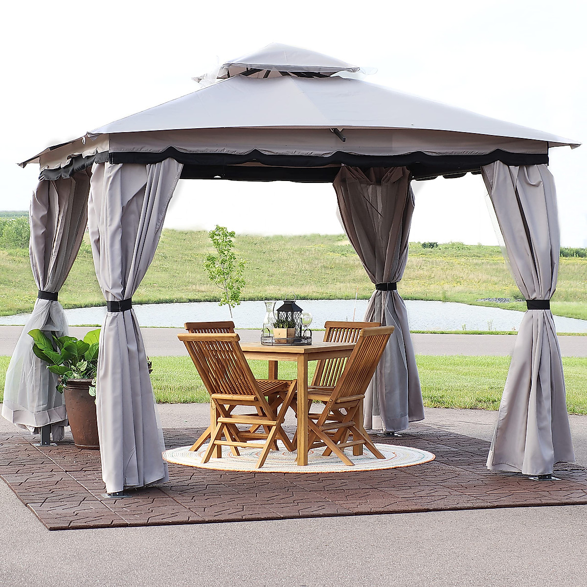 Sunnydaze Soft-Top Patio Gazebo - 10x10 Foot Rectangle Outdoor Gazebo with Screens and Privacy Walls - Gray - Perfect for Backyard, Garden or Deck