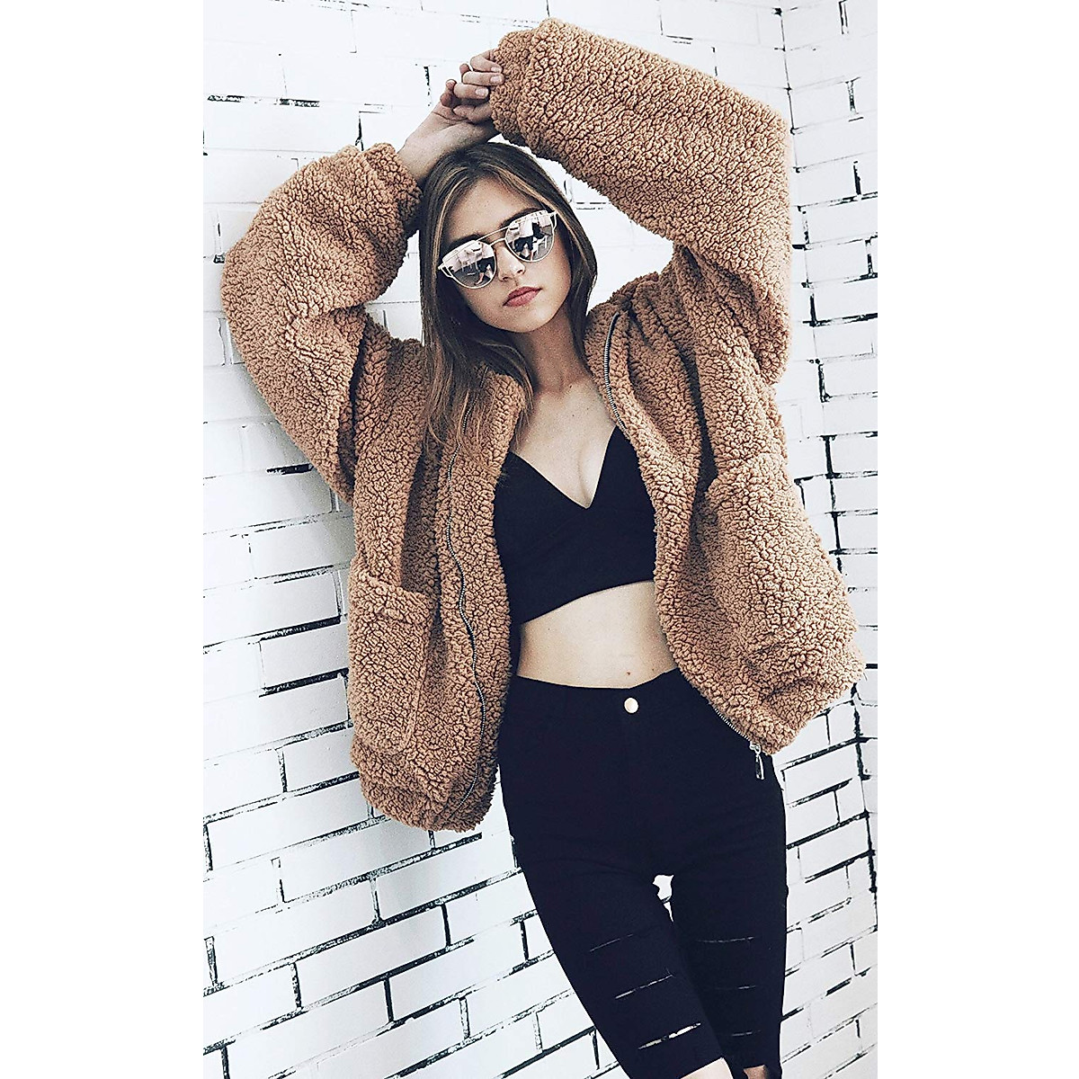 Women's Coat Casual Lapel Fleece Fuzzy Faux Shearling Zipper Coats Warm Winter Oversized Outwear Jackets (Khaki,M)