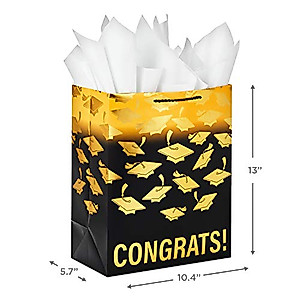 Hallmark 13" Large Graduation Gift Bag with Tissue Paper (Gold and Black, "Congrats!") for High School, College, Kindergarten, 8th Grade and More