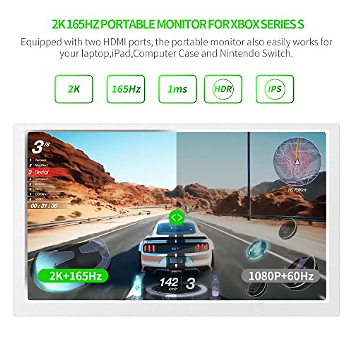 G-STORY 15.6" Portable Monitor 144Hz for Xbox Series S 2K Portable Gaming Monitor IPS Screen for Xbox Series S（not Included） with Two HDMI, HDR, Freesync Game Mode Travel Monitor