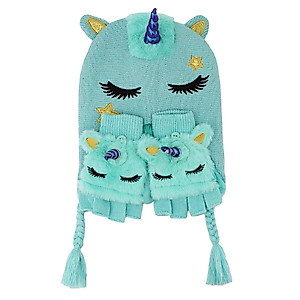 Kids Girls Cute Glitter Unicorn Beanie Winter Hat and Glove Set Knitted Earflap Cap Flip Top Mitten Set Blue