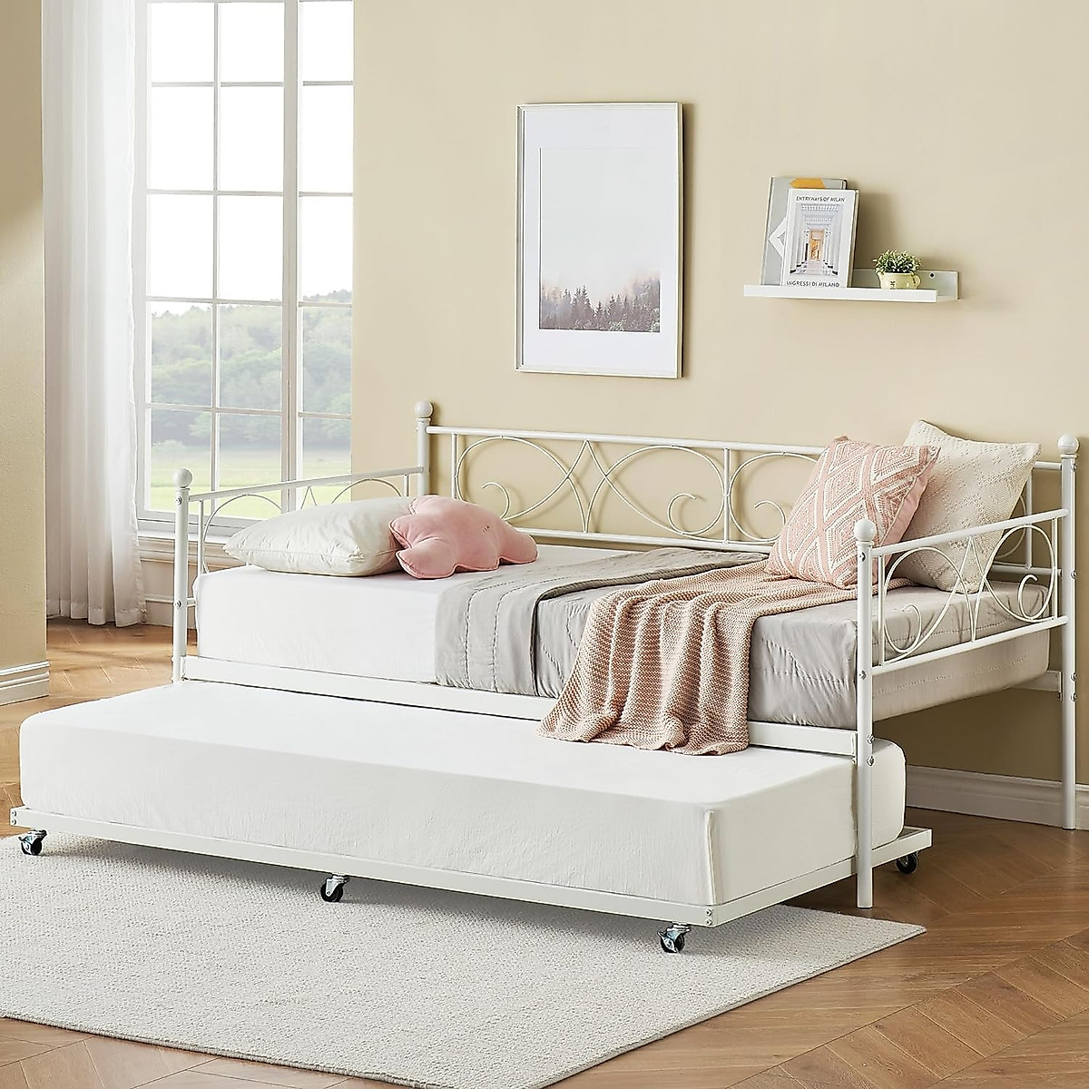 IDEALHOUSE Twin Daybed with Trundle, Metal Trundle Bed, Sofa Bed Frame, Heavy Duty Metal Slats, for Living Room, Bedroom, Guest Room, Space Saving, White
