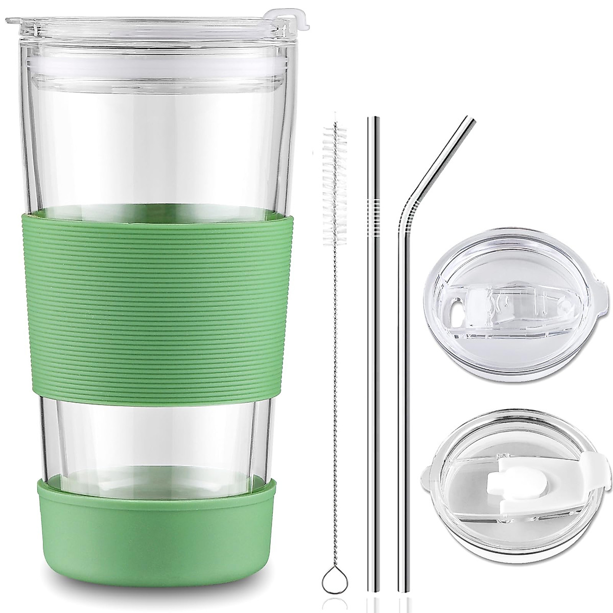 18 oz Double Wall Glass Coffee Tumbler with Leak-proof Lid, Borosilicate Glass Travel Mug, To Go Clear Reusable Tea Cup, BPA-free, Microwave Safe (Green)