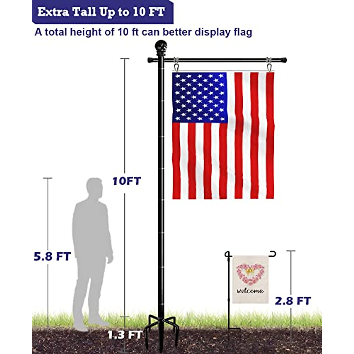 Balie Space 10FT Tall Freestanding Flag Pole for 3x5 Feet American Flag, Adjustable Garden Flagpole Stand with 5 Spikes Base for Outdoor Yard, 10 Feet