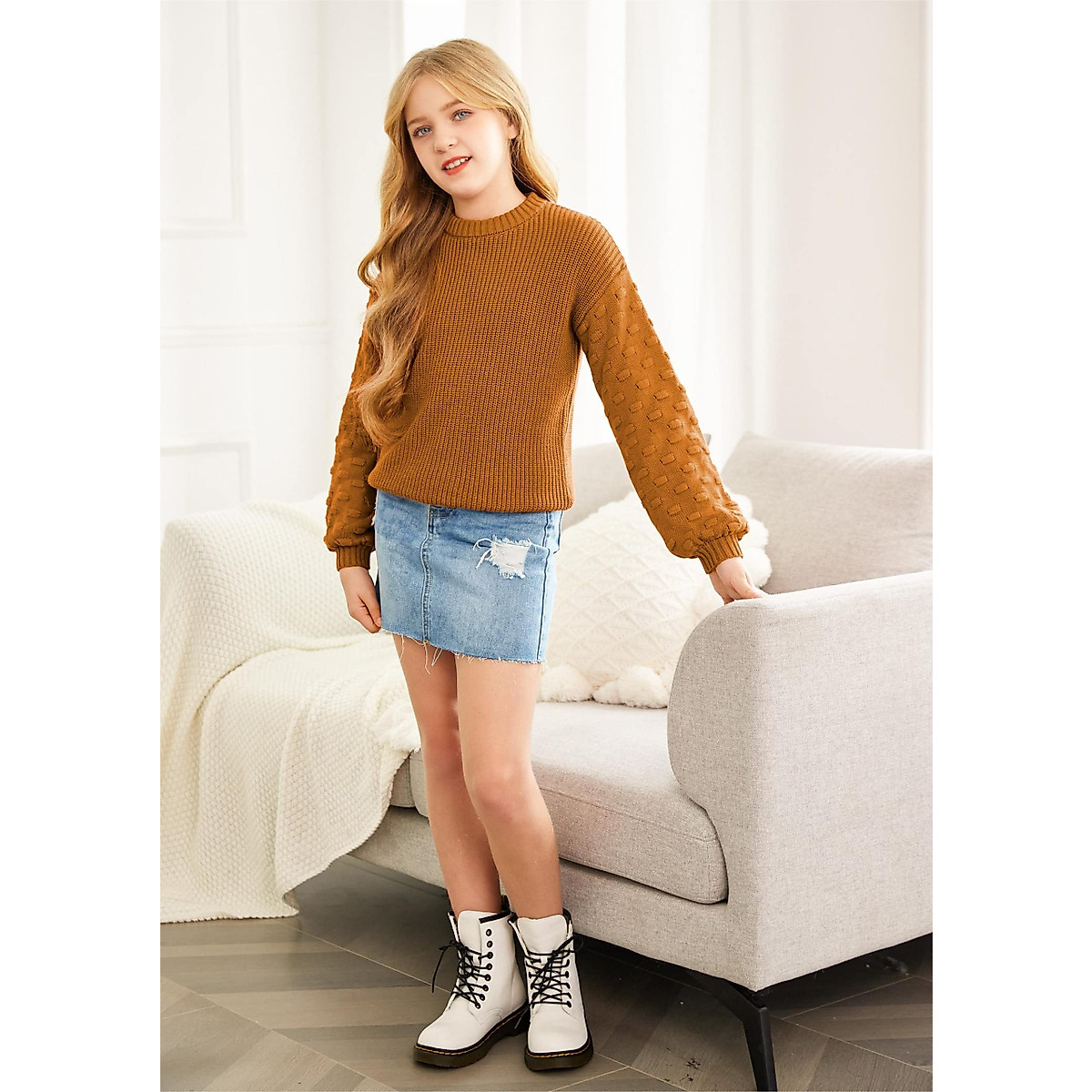 Arshiner Kids Girls Slouchy Chunky Sweater Drop Shoulder Puff Long Sleeve Pullovers Ribbed Loose Outwear Brown 11-12 Years