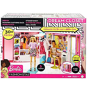 Barbie Dream Closet Playset with 30+ Clothes and Accessories Including 5 Outfits, Plus Mirror, Desk and Rotating Rack