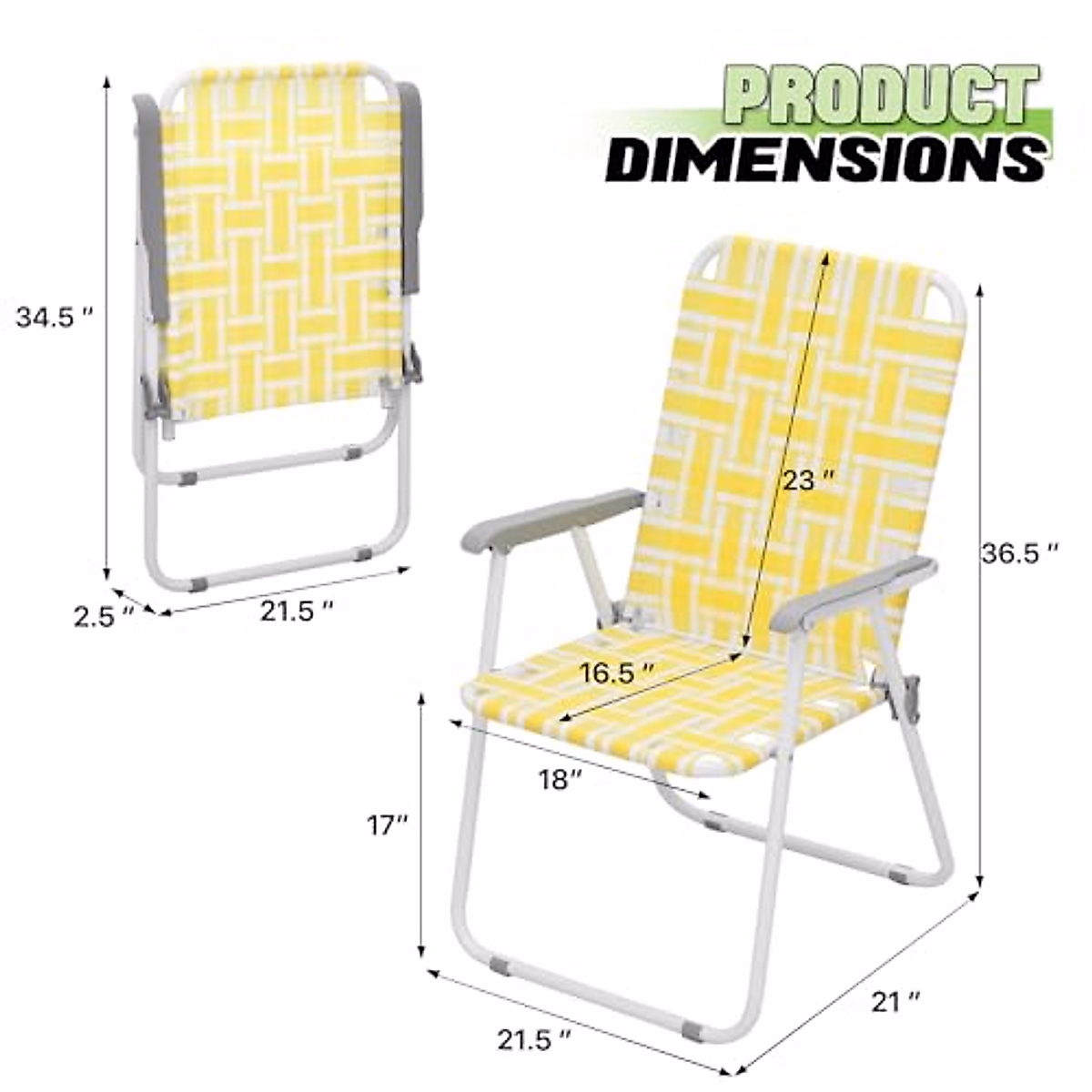 Magshion Folding Webbed Lawn Beach Chair for Adults, Lightweight Steel Frame, Portable Outdoor Camping Chairs for Fishing, Patio, Yard & Garden, Support to 250 lbs (2-Pack, Yellow)