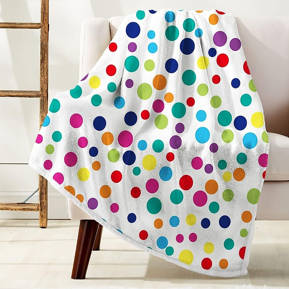 Clolrful Polka Dots Rainbow Throw Blankets, White Modern Geometric Soft Cozy Flannel Warm Blanket for Bedroom Living Room Home, Plush Throw Blanket Camping Travel Couch Sofa Kids, 50 x 60
