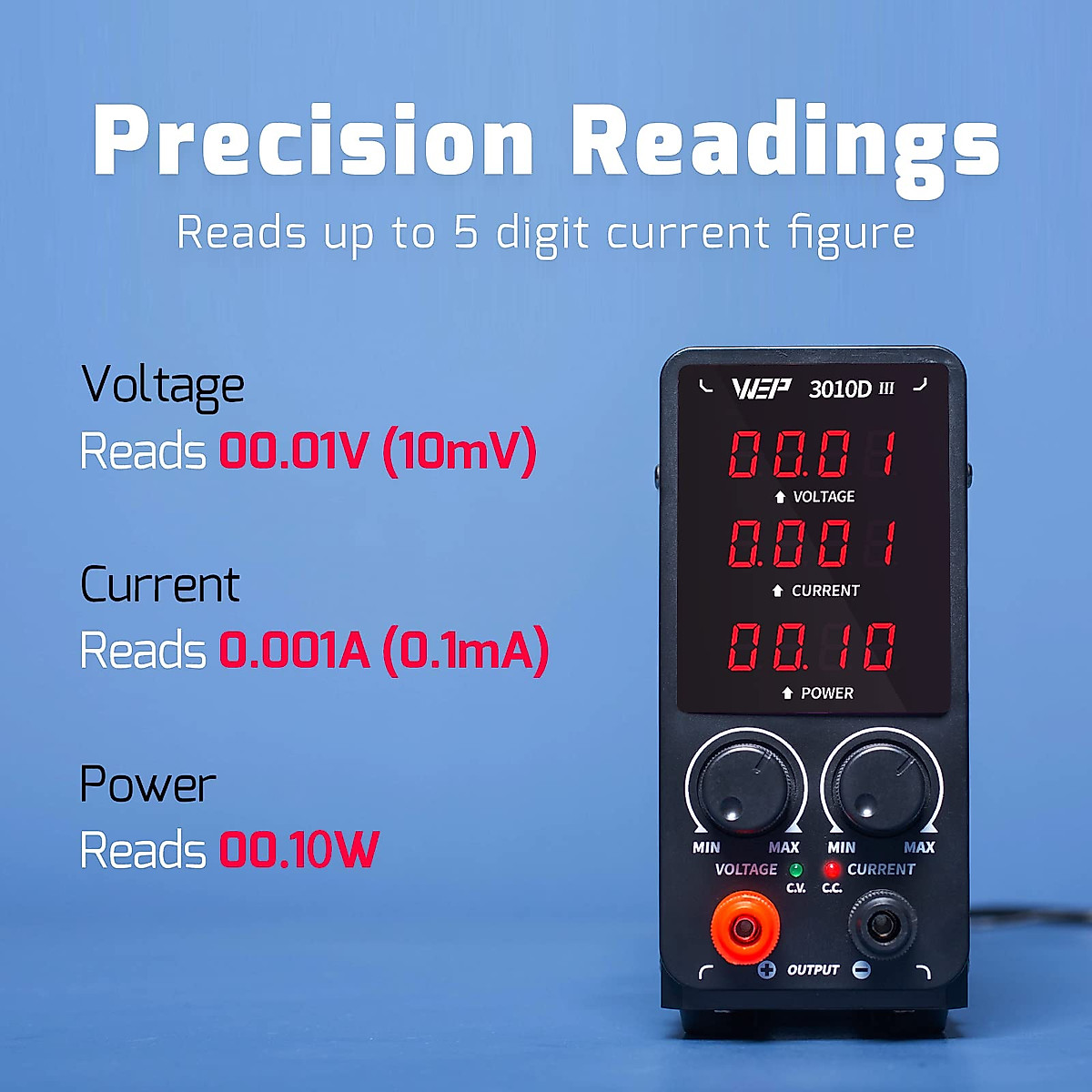 WEP 3010D-III DC Variable Power Supply 30.00V 10.00A High Precision Bench Lab Power Supply with Alligator Clips for anodizing kit, Electroplating, arduino, breadboard