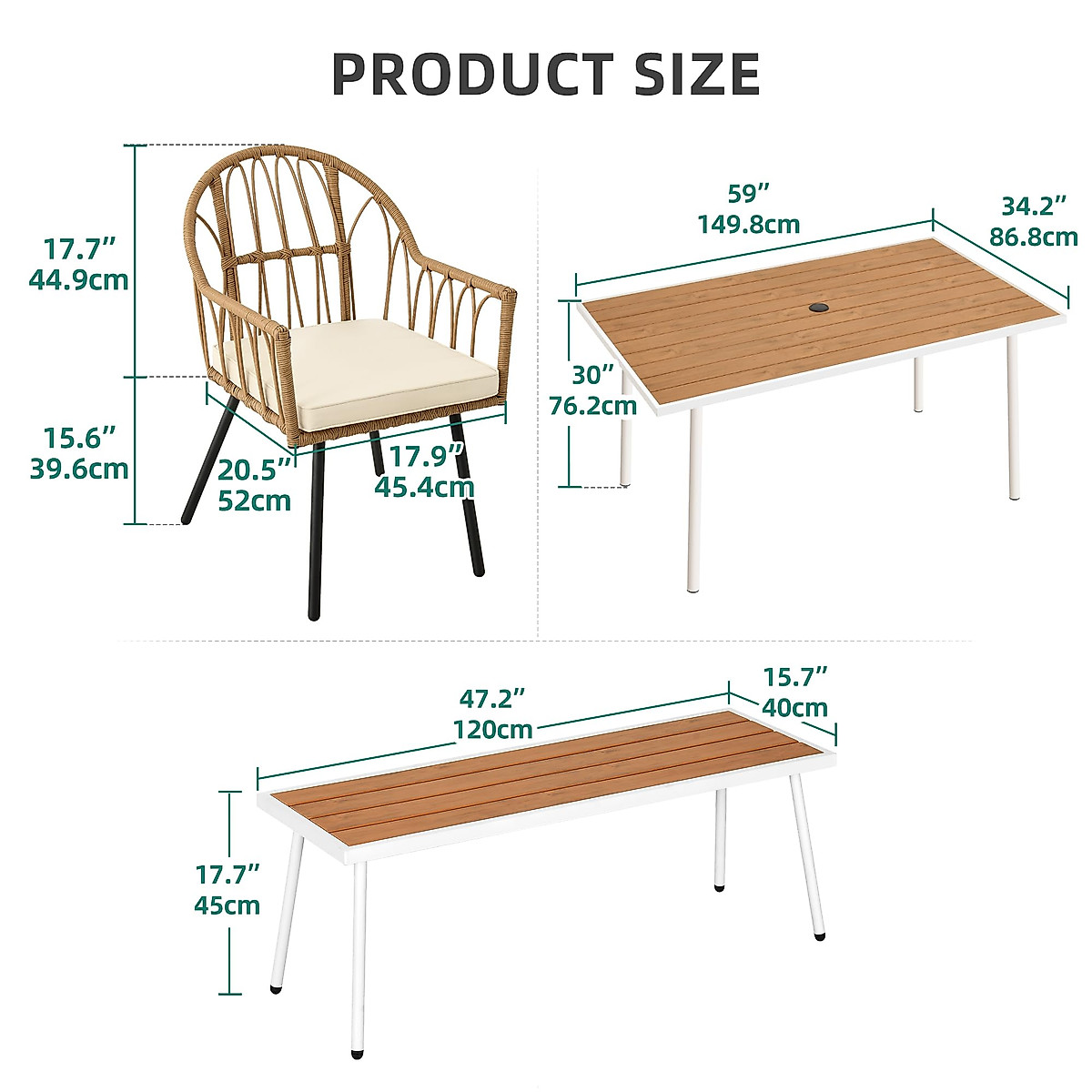 YITAHOME 8 Pieces Outdoor Patio Dining Set with Wicker Patio Dining Chair, Backless Bench & Table with Umbrella Hole, Garden Dining for Patios, Backyard, Balcony, Lawn