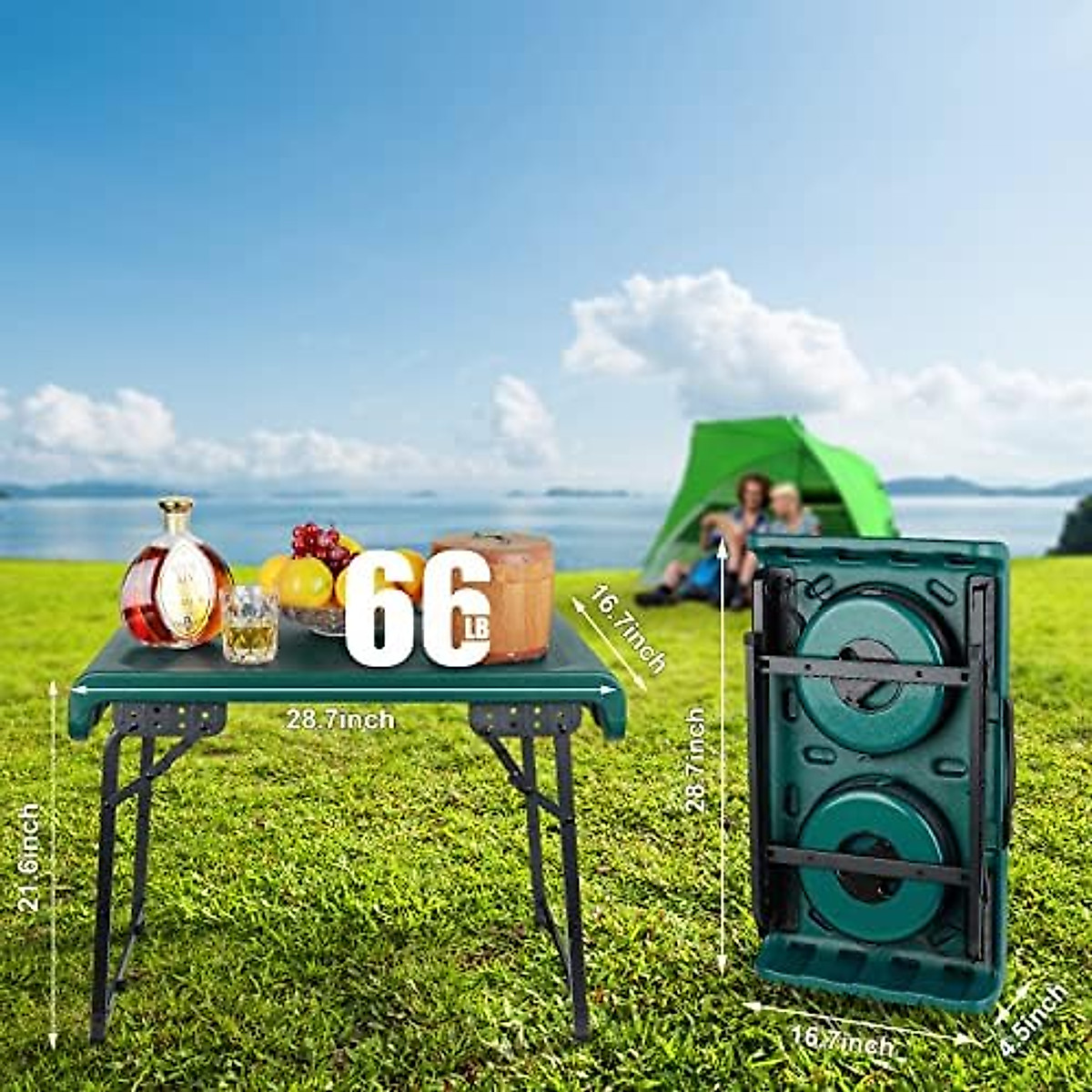 OXAMAFIT Outdoor Retractable Folding Table and 2 Stools Set, Portable Camping Foldable Table Lightweight, 3 Lighting Mode Adjustable Stool for Outdoor Picnic, Beach, Camp, Party.-Green