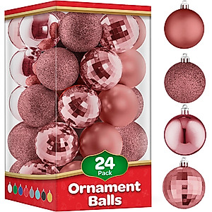Christmas Ornaments Set of 24 - Beautiful [Rose-Gold] Christmas Tree Decorations Ornaments Set - 4 Styles Glitter/Matte/Mirror/Shiny - Shatterproof/Pre-Strung, For Holiday/Party/Decorations/DIY (1.5")