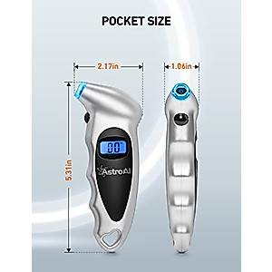 AstroAI Digital Tire Pressure Gauge 150 PSI 4 Settings for Car Truck Bicycle with Backlight LCD and Non-Skid Grip Car Accessories, Silver (1 Pack)