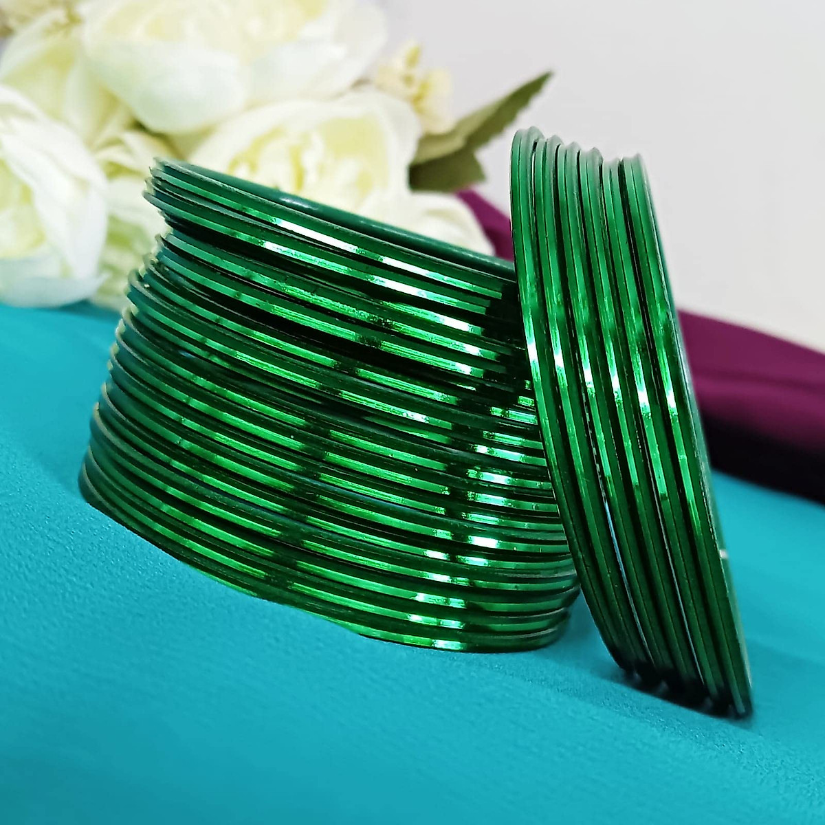 Efulgenz Metal Bangles for Women Indian Jewelry Two Dozen Wedding Bangles Set Plain Glossy Green Bangles Bracelets Bridal Bangle Set Fashion Costume Jewelry Accessories for Women (24 Pcs) Size 2.4