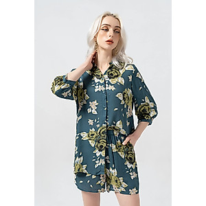 Vien Tran 2 piece shorts and shirt set for women linen casual button down high low hem shirt elastic waistband comfy shorts,Green Rose,XL