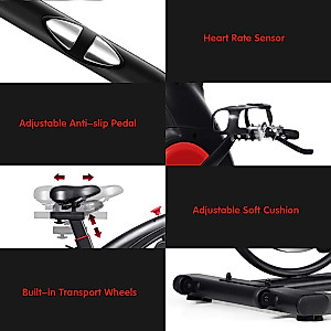 GYMAX Indoor Exercise Cycling Bike, Stationary Bike with 20lbs Steel Flywheel & Heart Rate Monitor, Silent Operation for Home, Gym, Office (Black+Red)