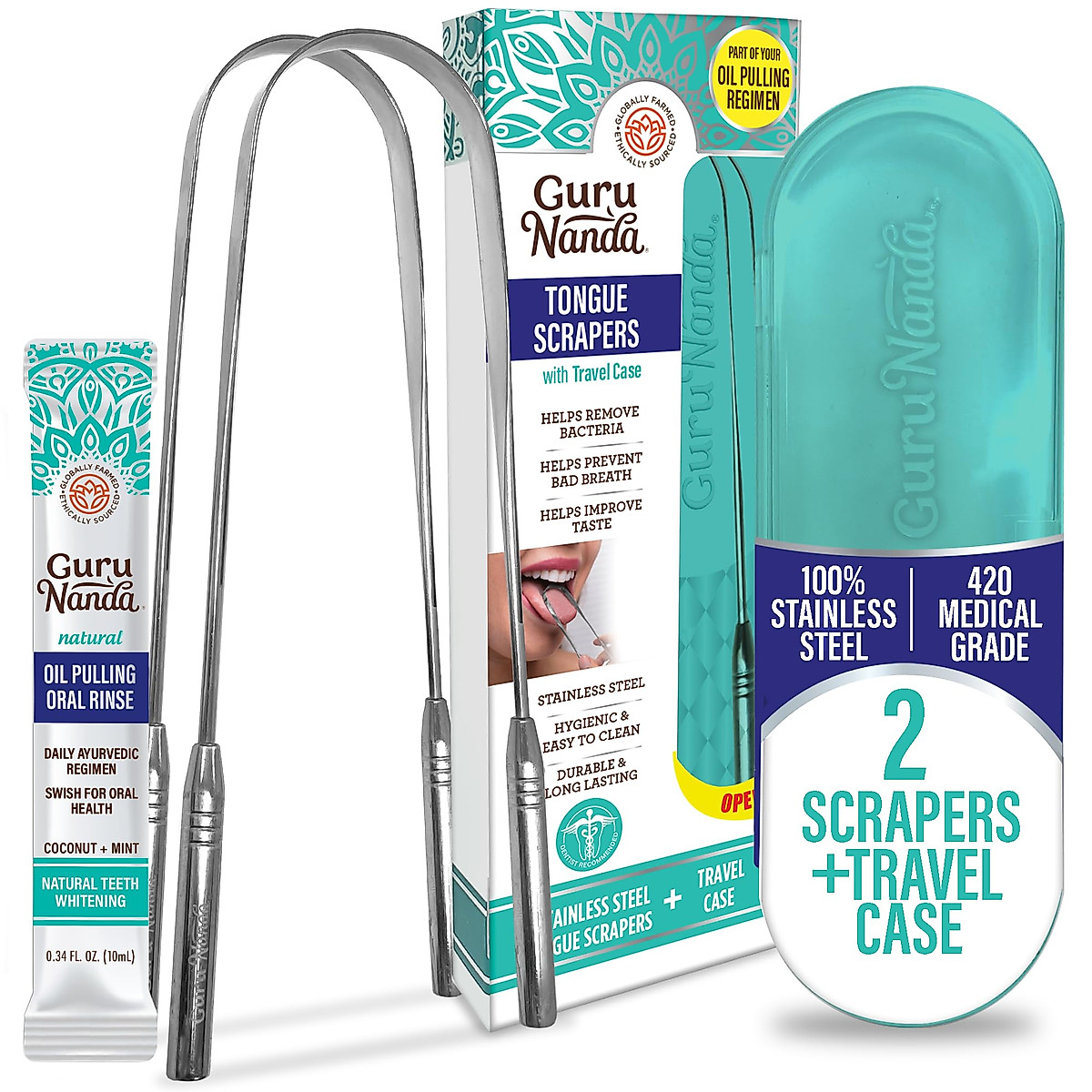GuruNanda Tongue Scraper for Adults (2 Pack) with Travel Case, 420 Medical-grade 100% Stainless Steel Tongue Cleaner, Aids in Fresh Breath & Oral Care