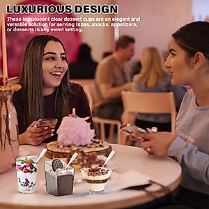 60 pack dessert cups of 3 oz, 2.5 oz and 2 oz. 3 varieties in size and shape also 20 of each shape perfect for appetizer, dessert and serving parties, plus FREE 60 spoons